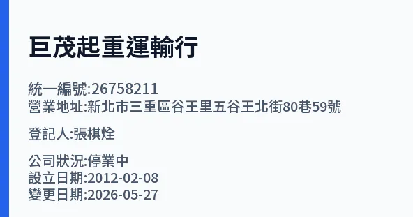 巨茂起重運輸行的照片-統編 26758211(新北市) 公司登記資料與營業項目詳細圖表