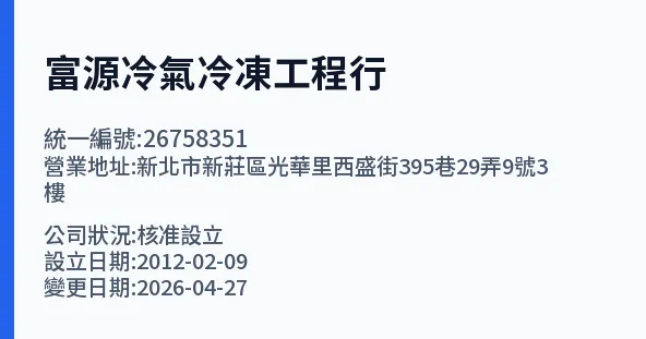 富源冷氣冷凍工程行的照片-統編 26758351(新北市) 公司登記資料與營業項目詳細圖表