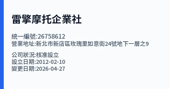 雷擎摩托企業社的照片-統編 26758612(新北市) 公司登記資料與營業項目詳細圖表