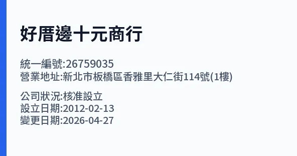 好厝邊十元商行的照片-統編 26759035(新北市) 公司登記資料與營業項目詳細圖表
