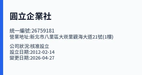 圓立企業社的照片-統編 26759181(新北市) 公司登記資料與營業項目詳細圖表