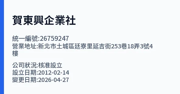 賀東興企業社的照片-統編 26759247(新北市) 公司登記資料與營業項目詳細圖表