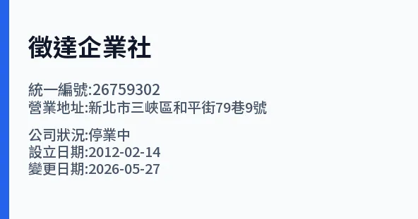 徵達企業社的照片-統編 26759302(新北市) 公司登記資料與營業項目詳細圖表