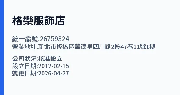 格樂服飾店的照片-統編 26759324(新北市) 公司登記資料與營業項目詳細圖表