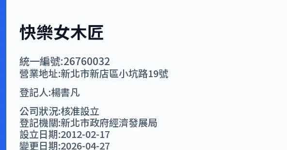 快樂女木匠的照片-統編 26760032(新北市) 公司登記資料與營業項目詳細圖表