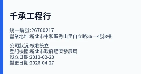 千承工程行的照片-統編 26760217(新北市) 公司登記資料與營業項目詳細圖表