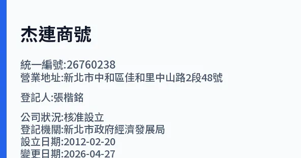 杰連商號的照片-統編 26760238(新北市) 公司登記資料與營業項目詳細圖表