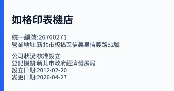 如格印表機店的照片-統編 26760271(新北市) 公司登記資料與營業項目詳細圖表