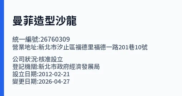 曼菲造型沙龍的照片-統編 26760309(新北市) 公司登記資料與營業項目詳細圖表
