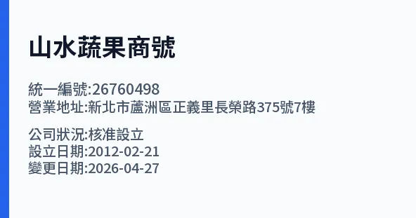 山水蔬果商號的照片-統編 26760498(新北市) 公司登記資料與營業項目詳細圖表