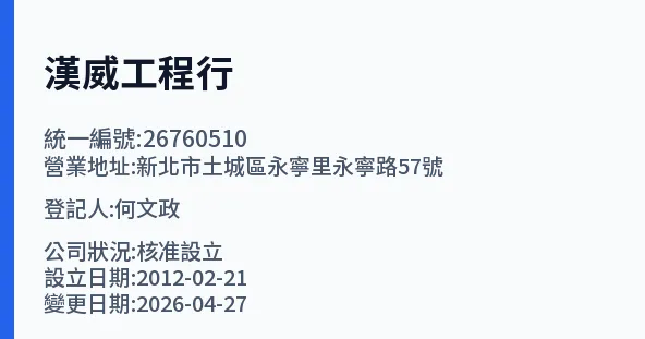 漢威工程行的照片-統編 26760510(新北市) 公司登記資料與營業項目詳細圖表