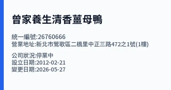 曾家養生清香薑母鴨的照片-統編 26760666(新北市) 公司登記資料與營業項目詳細圖表
