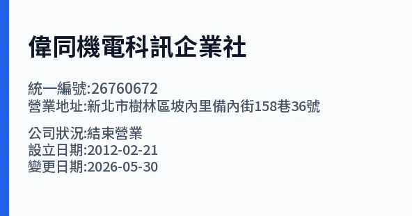 偉同機電科訊企業社的照片-統編 26760672(新北市) 公司登記資料與營業項目詳細圖表