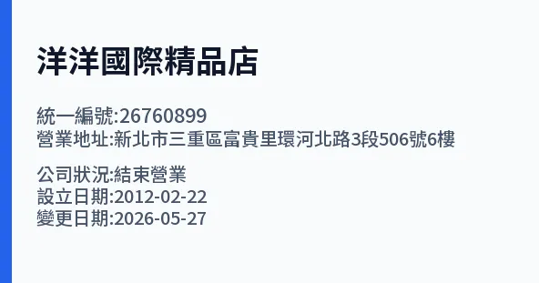 洋洋國際精品店的照片-統編 26760899(新北市) 公司登記資料與營業項目詳細圖表
