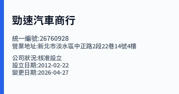 勁速汽車商行的照片-統編 26760928(新北市) 公司登記資料與營業項目詳細圖表