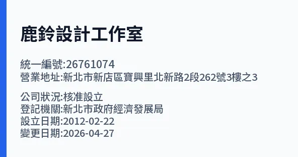 鹿鈴設計工作室的照片-統編 26761074(新北市) 公司登記資料與營業項目詳細圖表