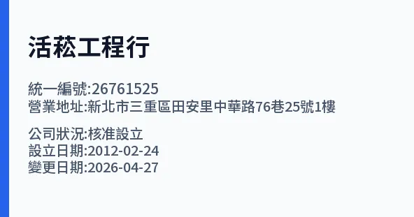 活菘工程行的照片-統編 26761525(新北市) 公司登記資料與營業項目詳細圖表