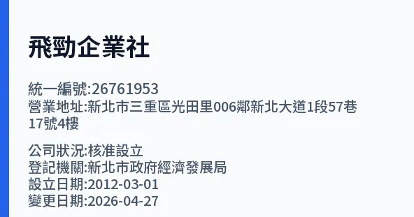 飛勁企業社的照片-統編 26761953(新北市) 公司登記資料與營業項目詳細圖表