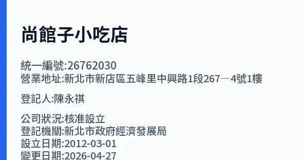 尚館子小吃店的照片-統編 26762030(新北市) 公司登記資料與營業項目詳細圖表
