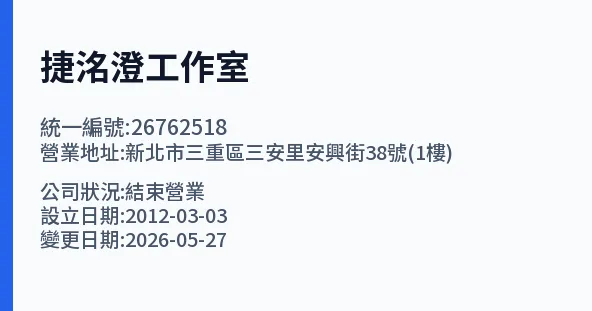 捷洺澄工作室的照片-統編 26762518(新北市) 公司登記資料與營業項目詳細圖表