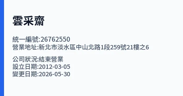 雲采齋的照片-統編 26762550(新北市) 公司登記資料與營業項目詳細圖表