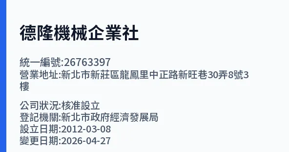 德隆機械企業社的照片-統編 26763397(新北市) 公司登記資料與營業項目詳細圖表