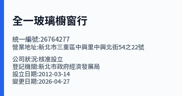 全一玻璃櫥窗行的照片-統編 26764277(新北市) 公司登記資料與營業項目詳細圖表