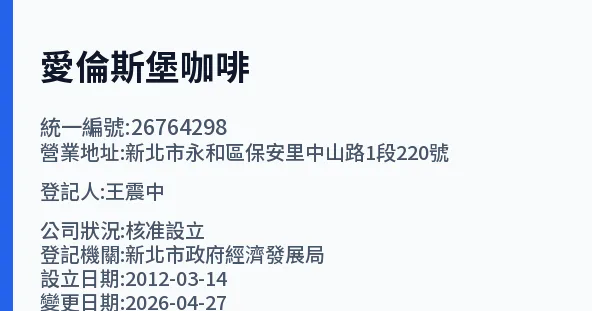 愛倫斯堡咖啡的照片-統編 26764298(新北市) 公司登記資料與營業項目詳細圖表