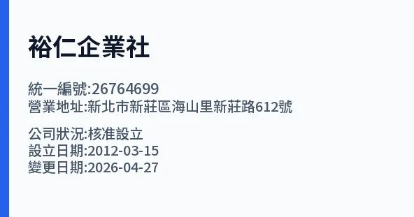 裕仁企業社的照片-統編 26764699(新北市) 公司登記資料與營業項目詳細圖表