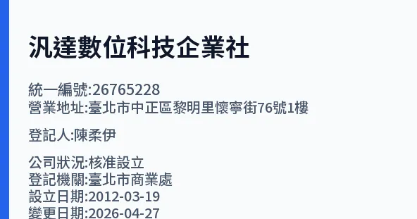 汎達數位科技企業社的照片-統編 26765228(臺北市) 公司登記資料與營業項目詳細圖表