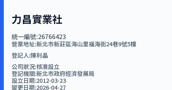 力昌實業社的照片-統編 26766423(新北市) 公司登記資料與營業項目詳細圖表