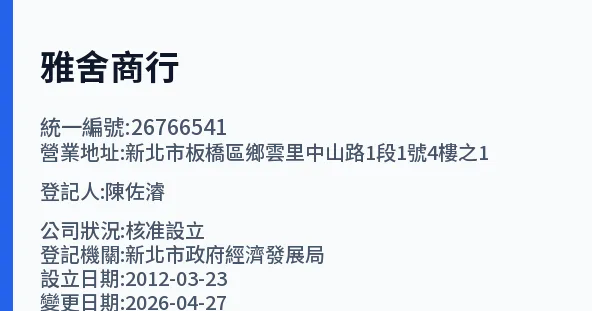 雅舍商行的照片-統編 26766541(新北市) 公司登記資料與營業項目詳細圖表