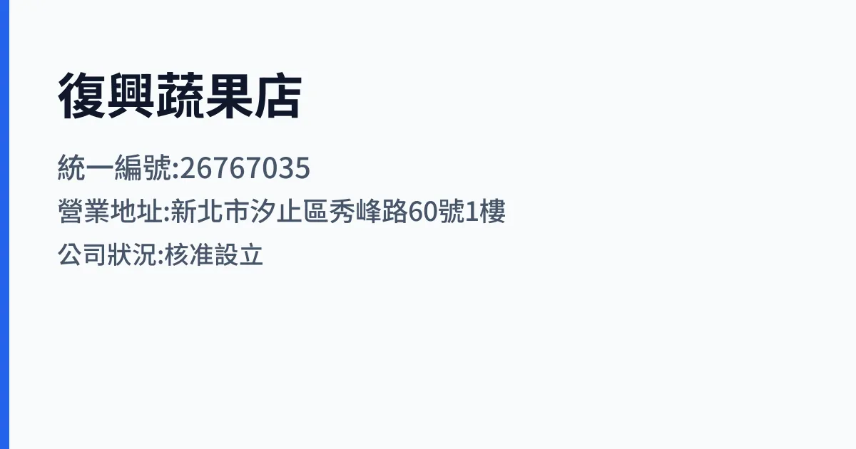 復興蔬果店 - 統編 26767035(新北市) 公司登記資料與營業項目詳細圖表