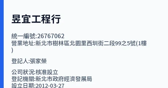 昱宜工程行的照片-統編 26767062(新北市) 公司登記資料與營業項目詳細圖表