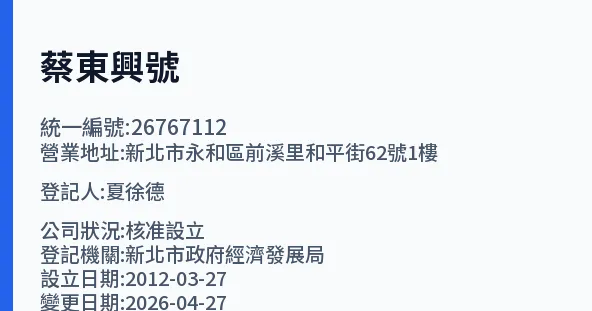 蔡東興號的照片-統編 26767112(新北市) 公司登記資料與營業項目詳細圖表