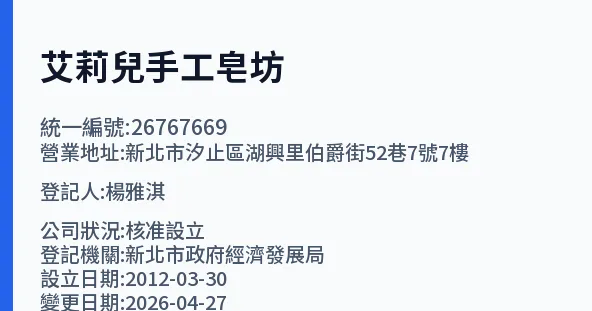 艾莉兒手工皂坊的照片-統編 26767669(新北市) 公司登記資料與營業項目詳細圖表