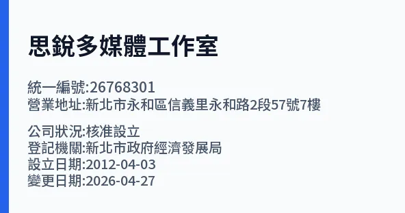 思銳多媒體工作室的照片-統編 26768301(新北市) 公司登記資料與營業項目詳細圖表