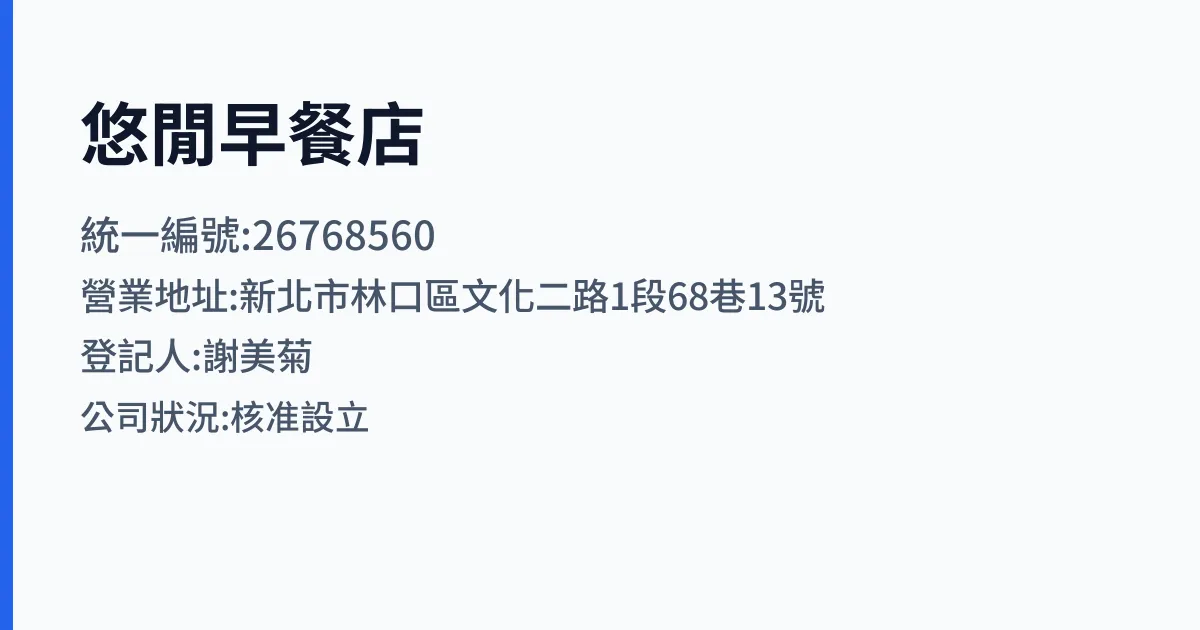 悠閒早餐店 - 統編 26768560(新北市) 公司登記資料與營業項目詳細圖表