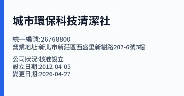 城市環保科技清潔社的照片-統編 26768800(新北市) 公司登記資料與營業項目詳細圖表