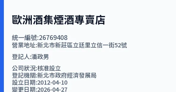 歐洲酒集煙酒專賣店的照片-統編 26769408(新北市) 公司登記資料與營業項目詳細圖表