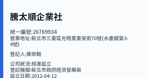騰太順企業社的照片-統編 26769934(新北市) 公司登記資料與營業項目詳細圖表