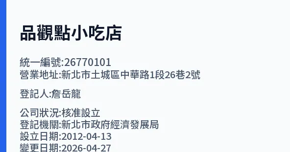 品觀點小吃店的照片-統編 26770101(新北市) 公司登記資料與營業項目詳細圖表