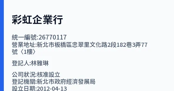 彩虹企業行的照片-統編 26770117(新北市) 公司登記資料與營業項目詳細圖表