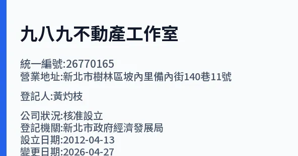 九八九不動產工作室的照片-統編 26770165(新北市) 公司登記資料與營業項目詳細圖表