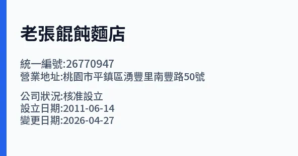 老張餛飩麵店的照片-統編 26770947(桃園市) 公司登記資料與營業項目詳細圖表