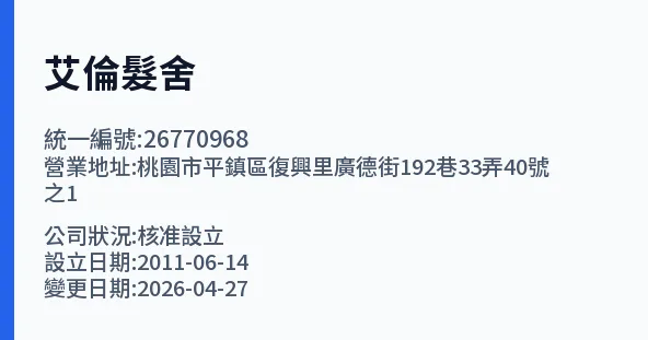 艾倫髮舍的照片-統編 26770968(桃園市) 公司登記資料與營業項目詳細圖表