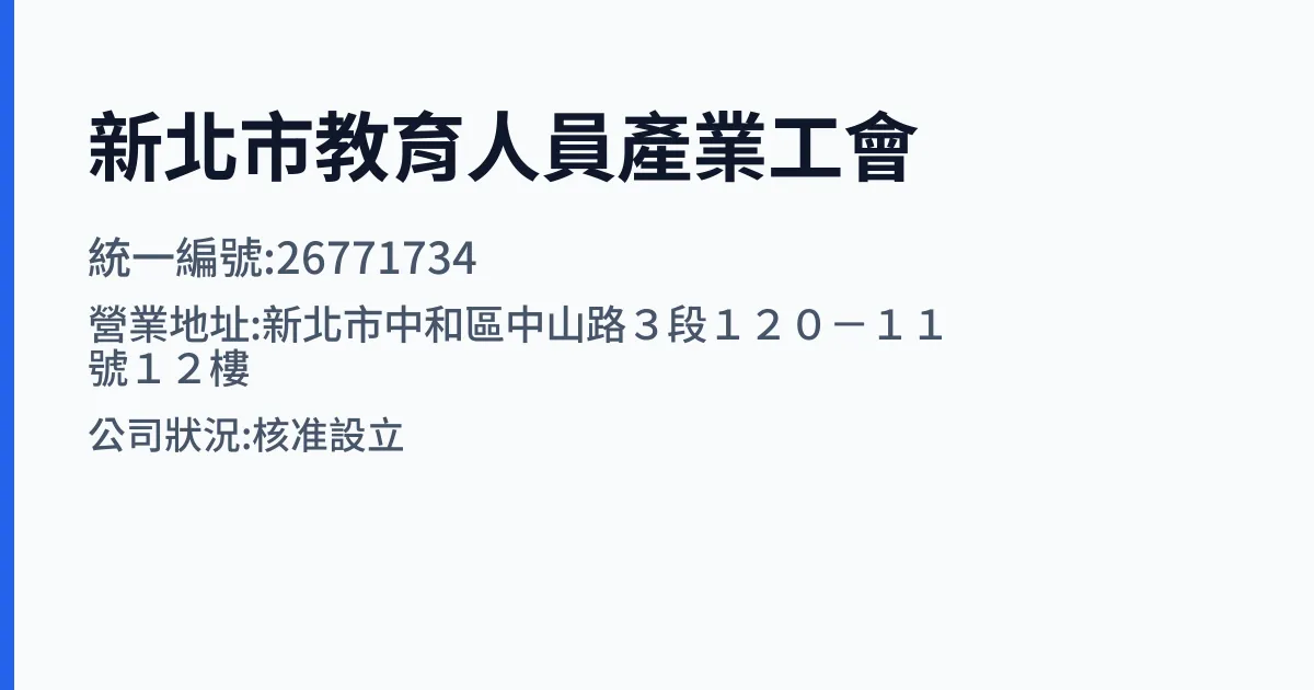 新北市教育人員產業工會 - 統編 26771734(新北市) 公司登記資料與營業項目詳細圖表