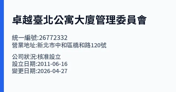 卓越臺北公寓大廈管理委員會的照片-統編 26772332(新北市) 公司登記資料與營業項目詳細圖表