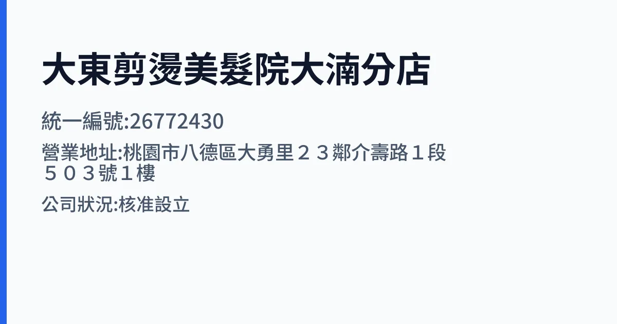 大東剪燙美髮院大湳分店 - 統編 26772430(桃園市) 公司登記資料與營業項目詳細圖表