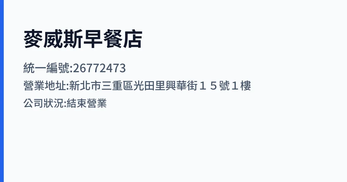 麥威斯早餐店 - 統編 26772473(新北市) 公司登記資料與營業項目詳細圖表